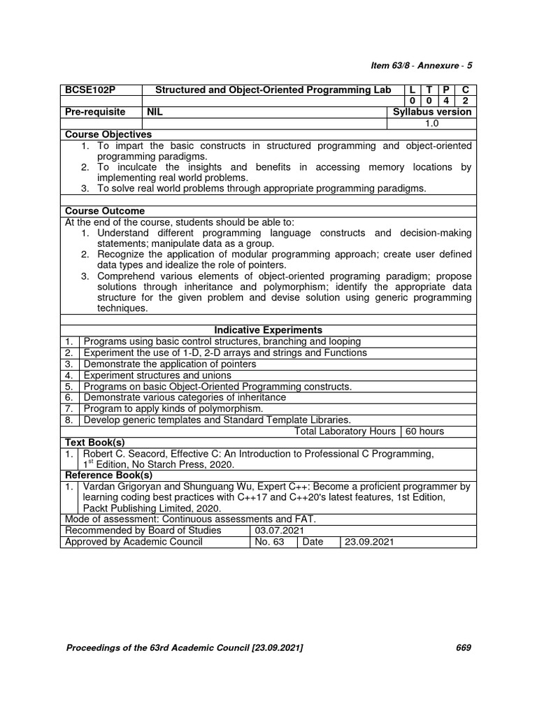 Bcse102p - Structured-And-Object-Oriented-Programming-Lab - Lo - 1.0 - 67 - Bcse102p - 63 Acp ...