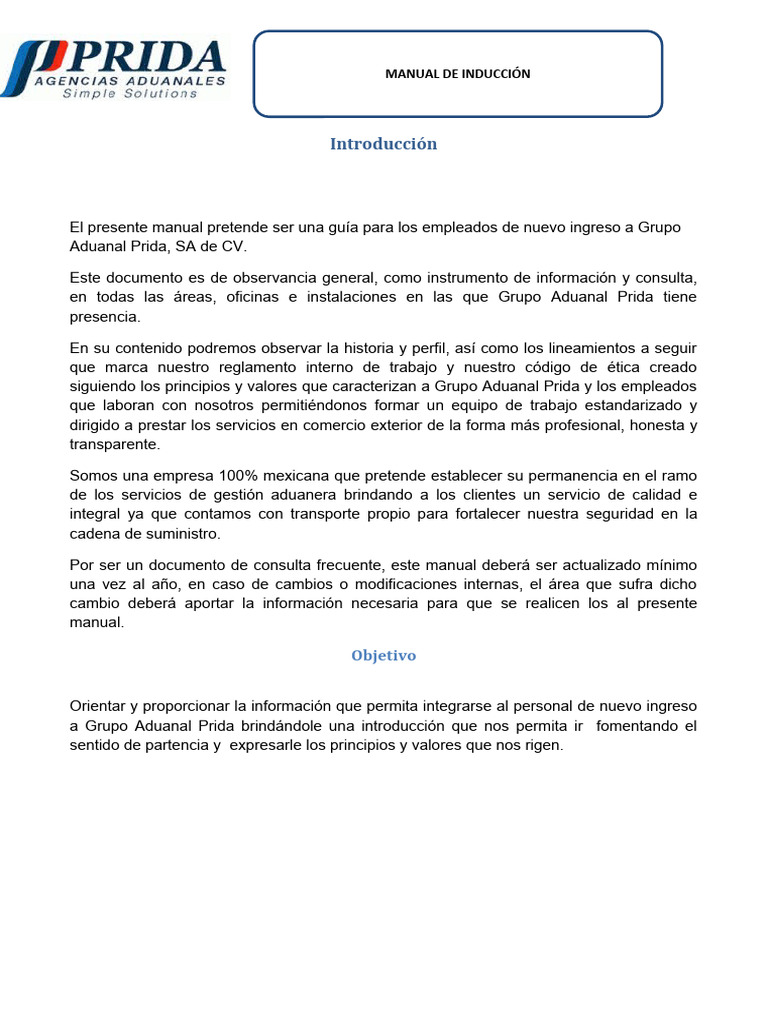 Manual de Inducción Grupo Aduanal Prida | PDF | Tiempo de trabajo | Salario