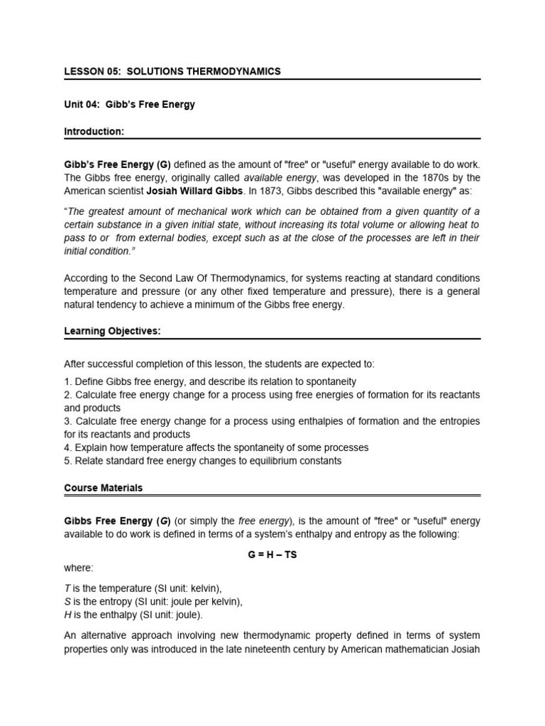 LESSON 05 Unit 04 Gibbs Free Energy | PDF | Gibbs Free Energy | Enthalpy