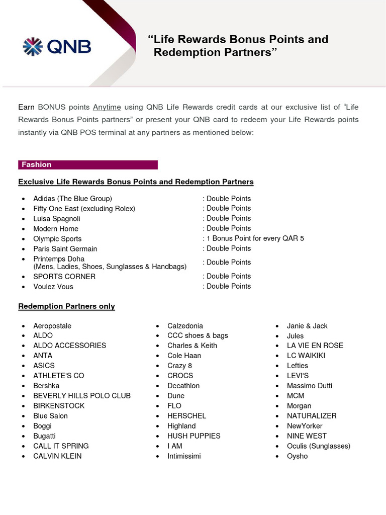 QNB Life Rewards Partners List | PDF