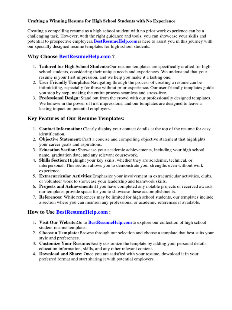 Resume Template High School Student No Experience | Download Free PDF ...