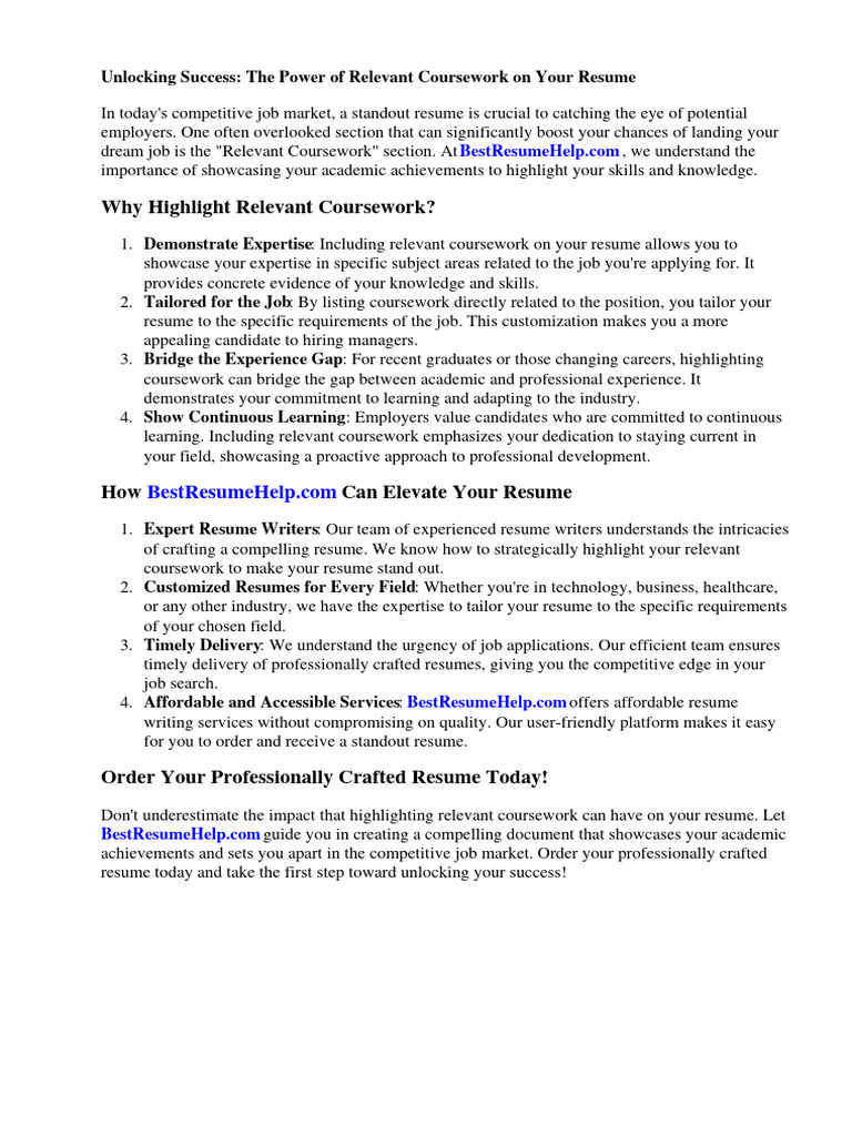 Relevant Coursework On Resume Example | PDF | Résumé | Expert