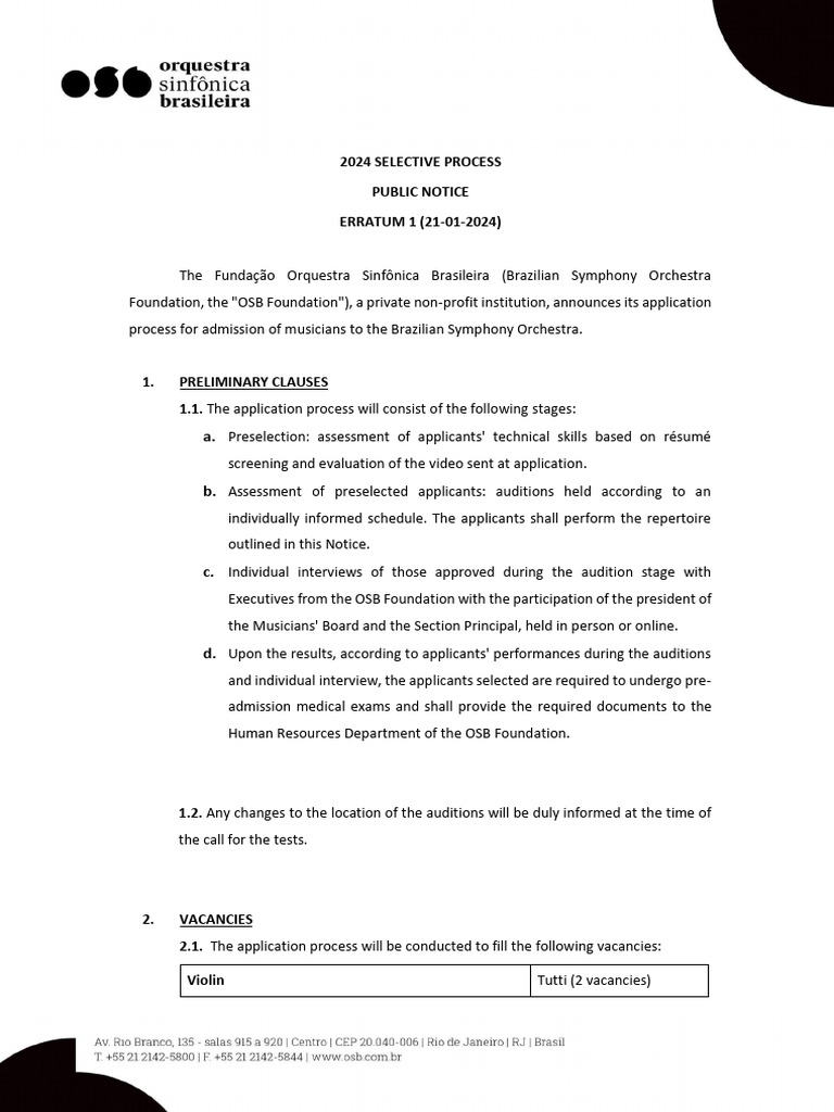 Auditions Annoucement OSB 2024 Erratum 1 | PDF | Orchestras | Concerto