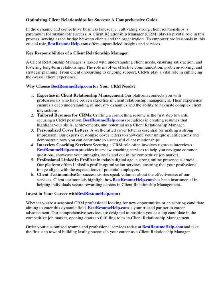 Client Relationship Manager Resume | PDF | Customer Relationship ...