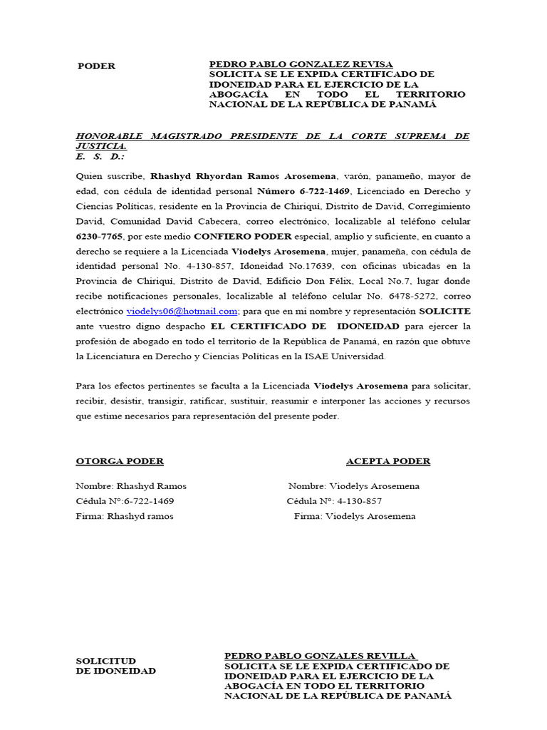 PODER Y SOLICITUD DE IDONEIDAD terminado | PDF | Panamá | Gobierno