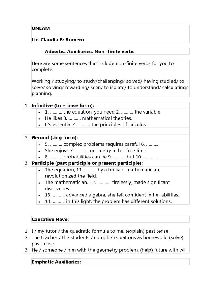 UNLAM Act Adverbs Auxiliaries | PDF | Mathematics | Equations