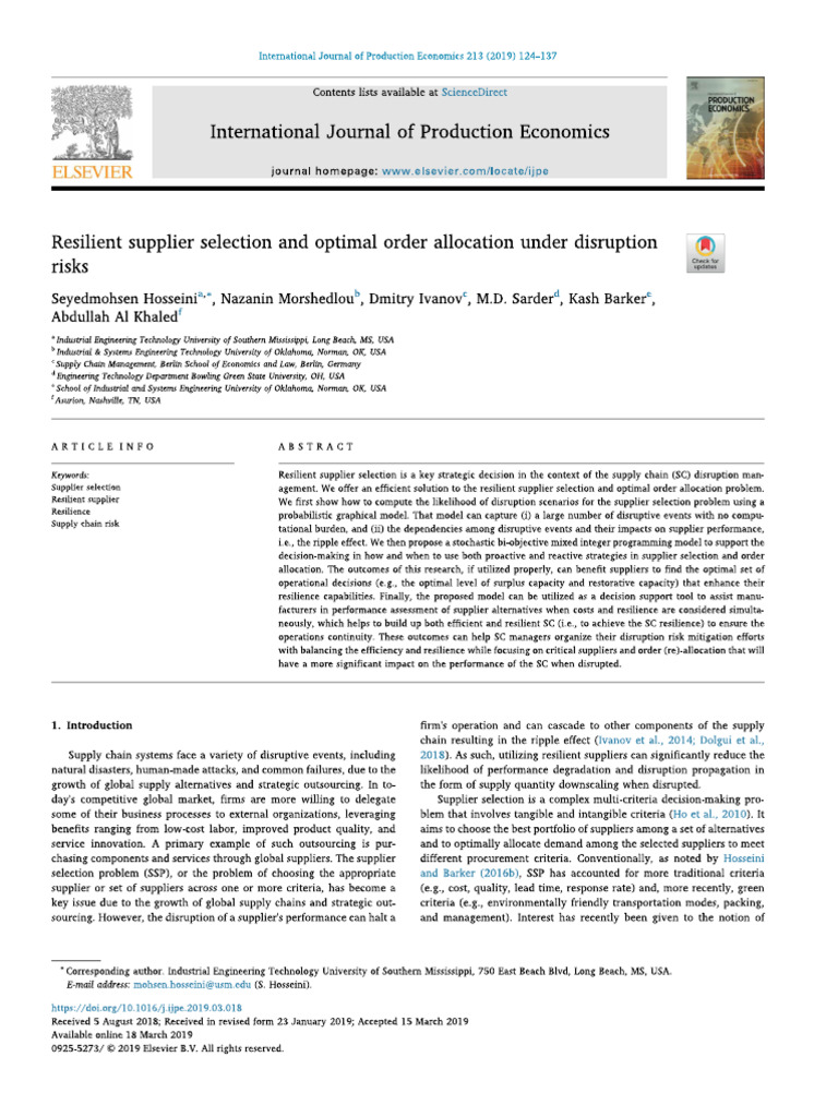 Resilient Supplier Selection And Optimal Order Allocation Ugggnder