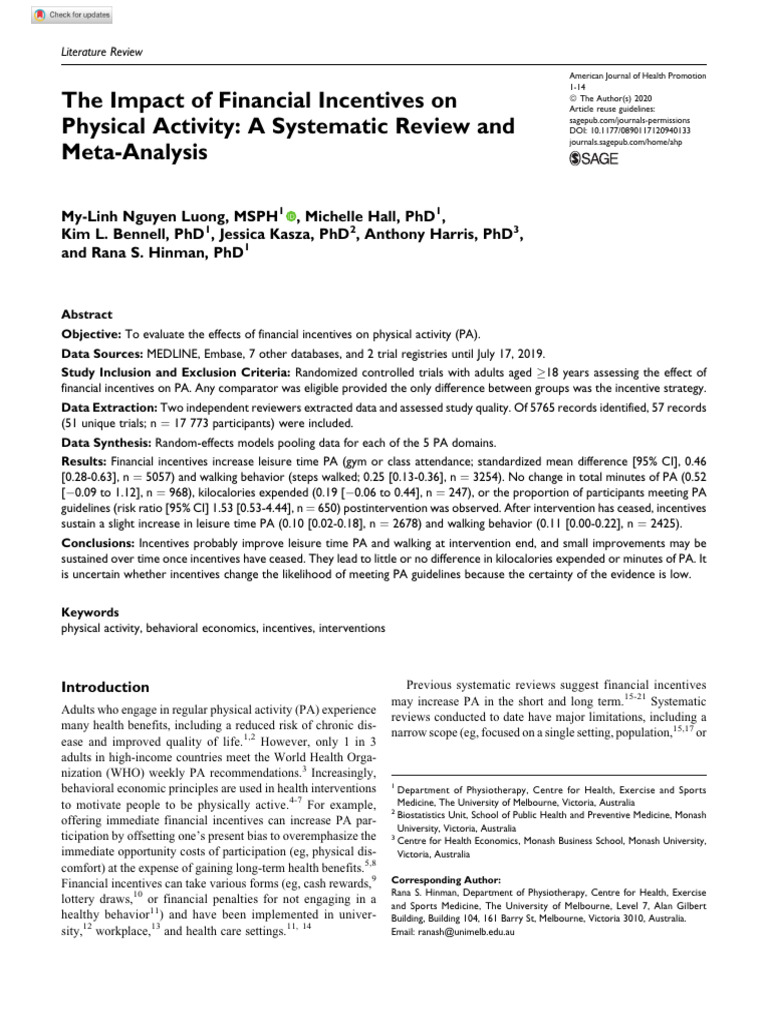 The Impact of Financial Incentives On Physical Activity: A Systematic Review and Meta-Analysis ...