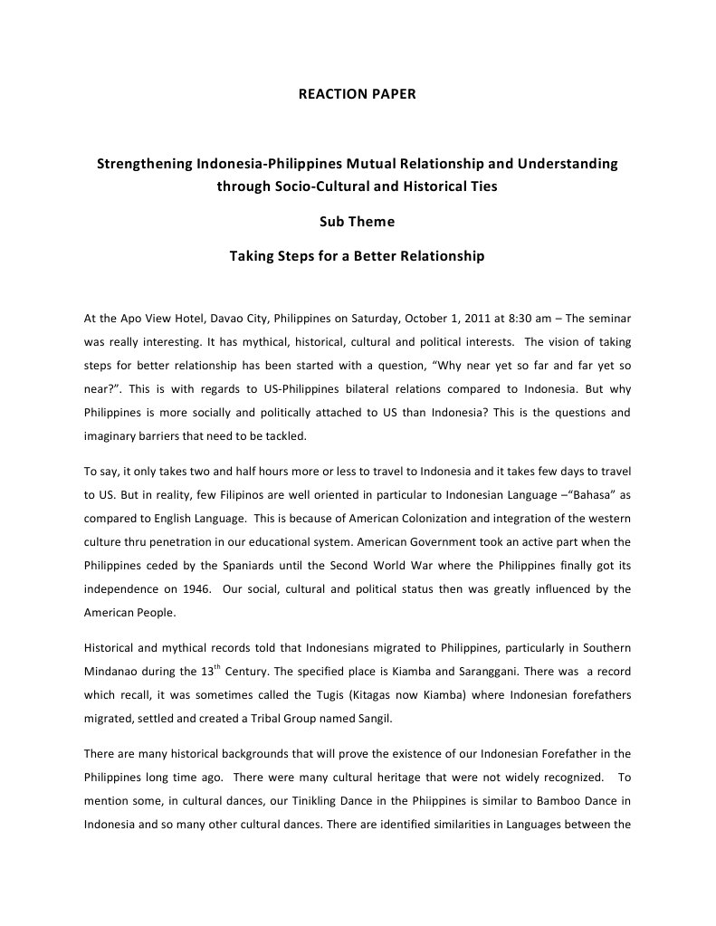 Reaction Paper Indonesian Seminar | PDF | Travel | Language Arts ...