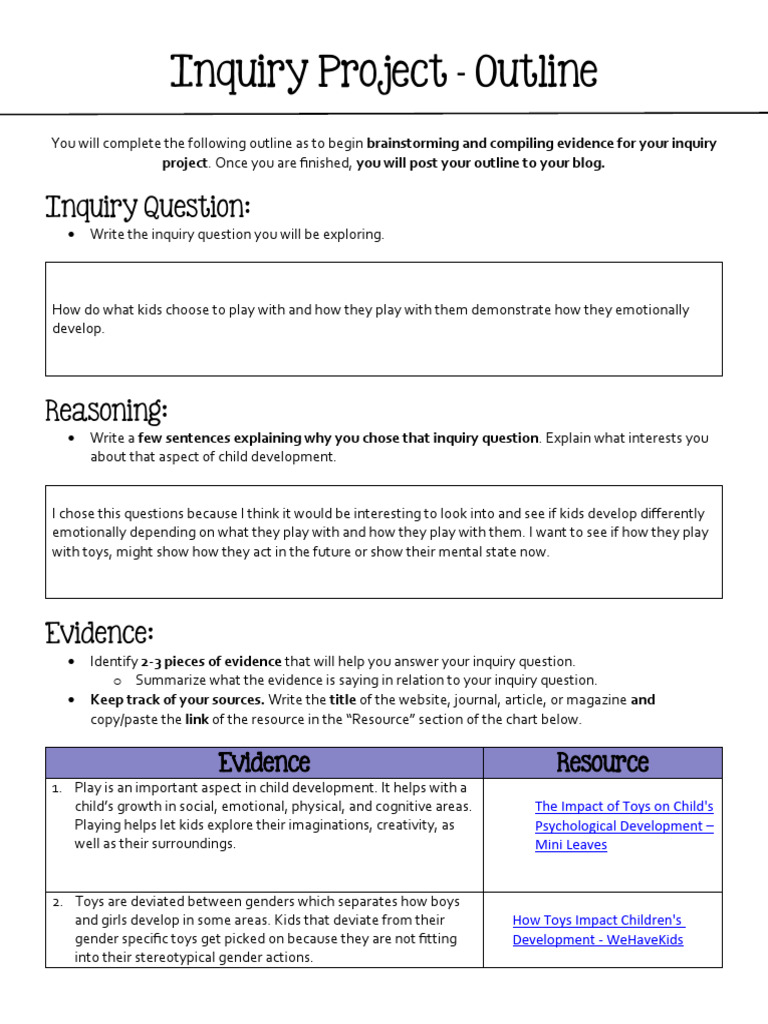 Inquiry Outline | PDF | Toys | Child Development