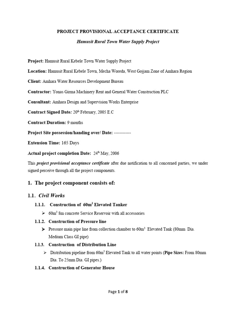 Hamusit Rural Water Supply Acceptance Certificate | PDF | Fuse ...