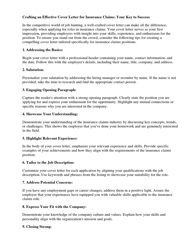 Cover Letter For Insurance Claims | PDF | Insurance | Résumé