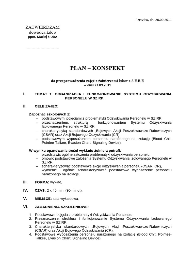 Konspekt SERE1 Organizacja I Funkcjonowanie Systemu Odzyskiwania Personelu W SZ RP. | PDF