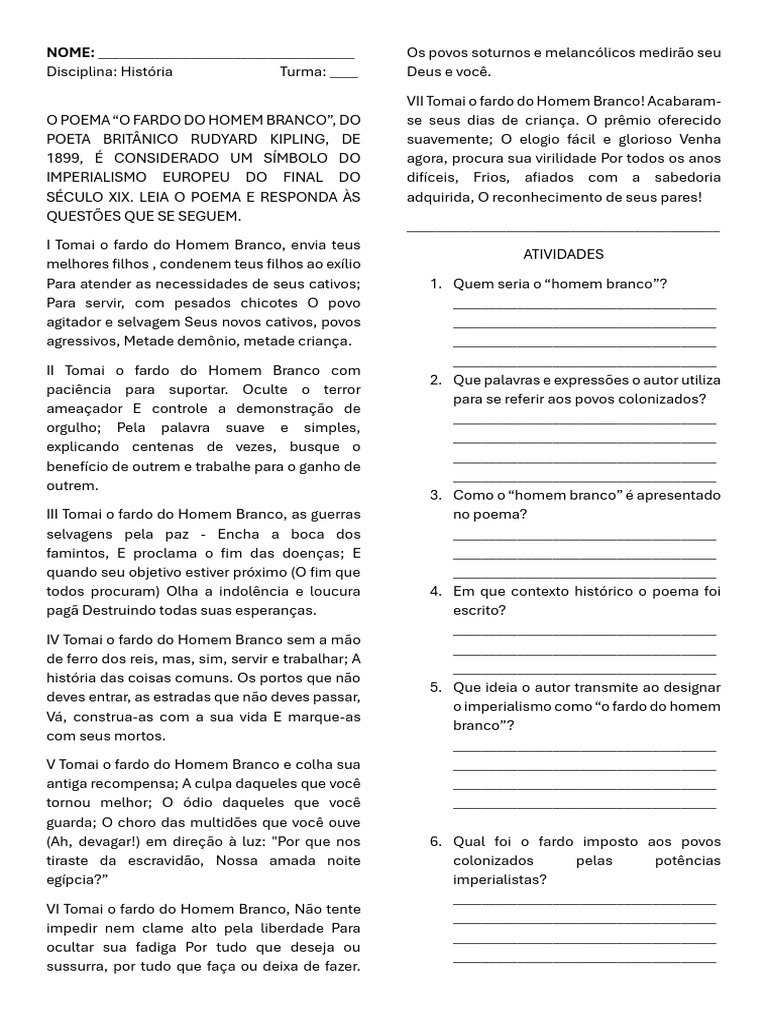 O Fardo do Homem Branco: Análise Poética | PDF