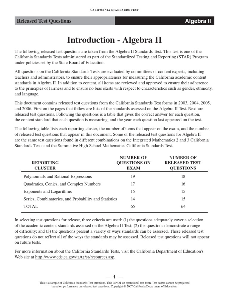 Introduction - Algebra II: Released Test Questions | PDF ...