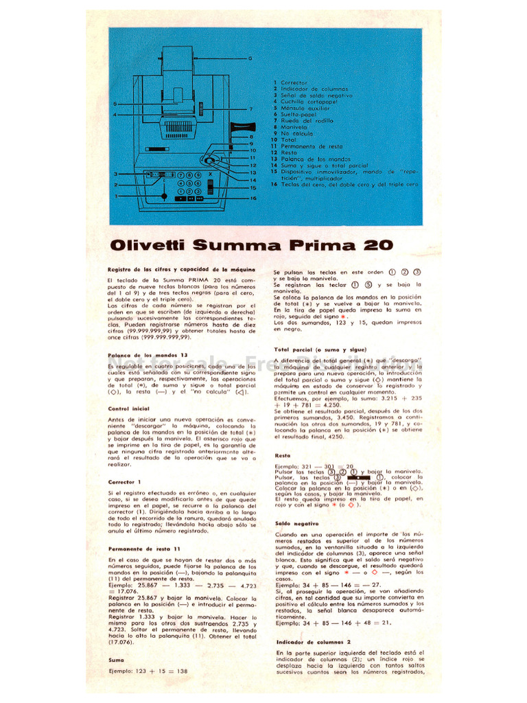 Olivetti Summa Prima 20 Quick Reference Guide (Spanish) | PDF