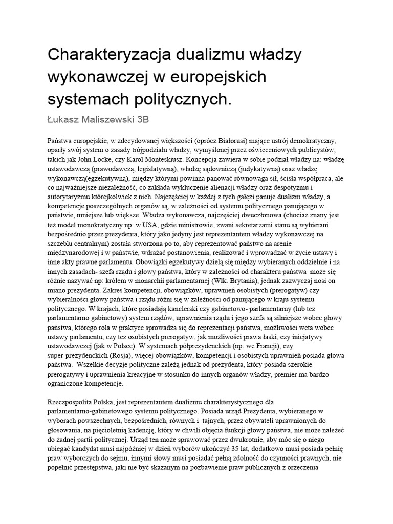 Dualizm Władzy Wykonawczej | PDF