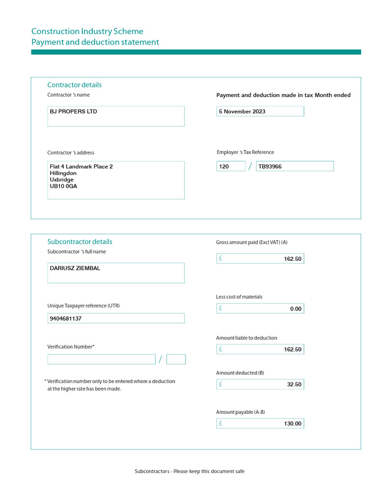 Construction Payment Deduction Statement | PDF