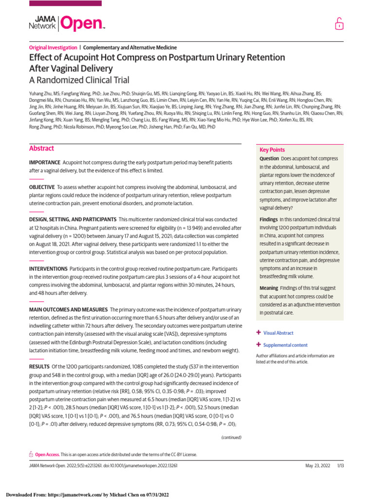 Effect of Acupoint Hot Compress On Postpartum Urinary Retention After ...
