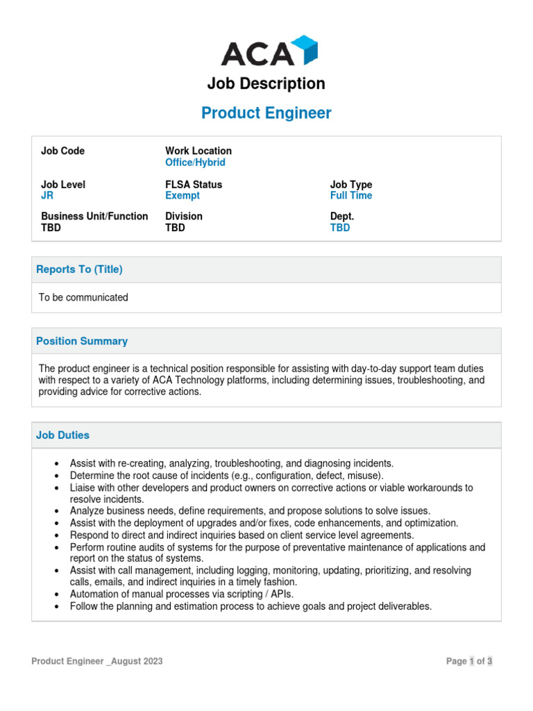 Junior Product Engineer Job Description | PDF | Databases | Computing