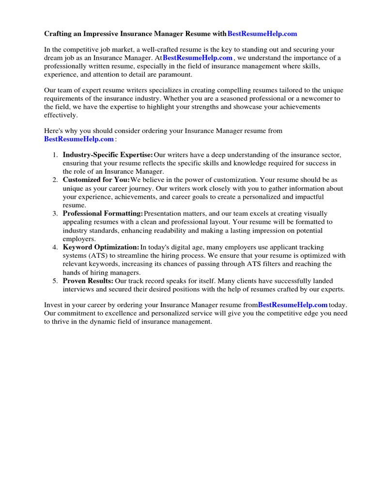 Insurance Manager Resume Guide | PDF | Business