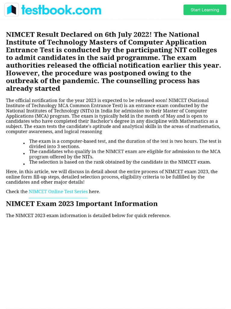 NIMCET Exam 2022exam Info | PDF