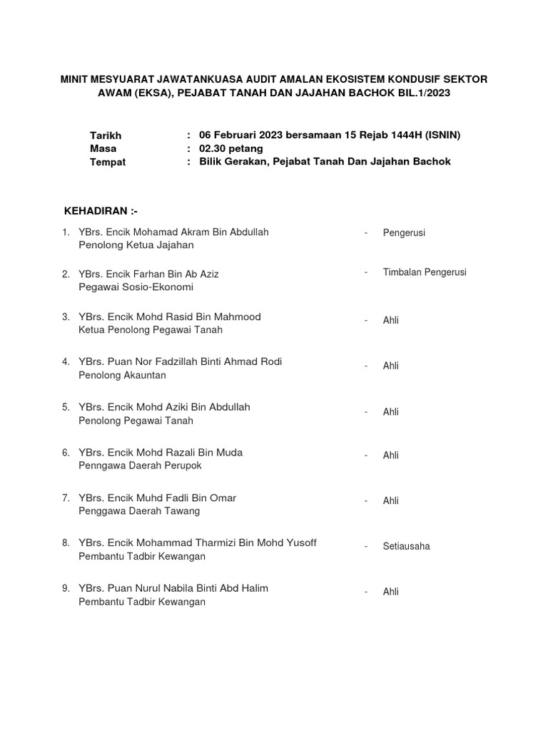 Minit Mesyuarat Eksa 2023 | PDF