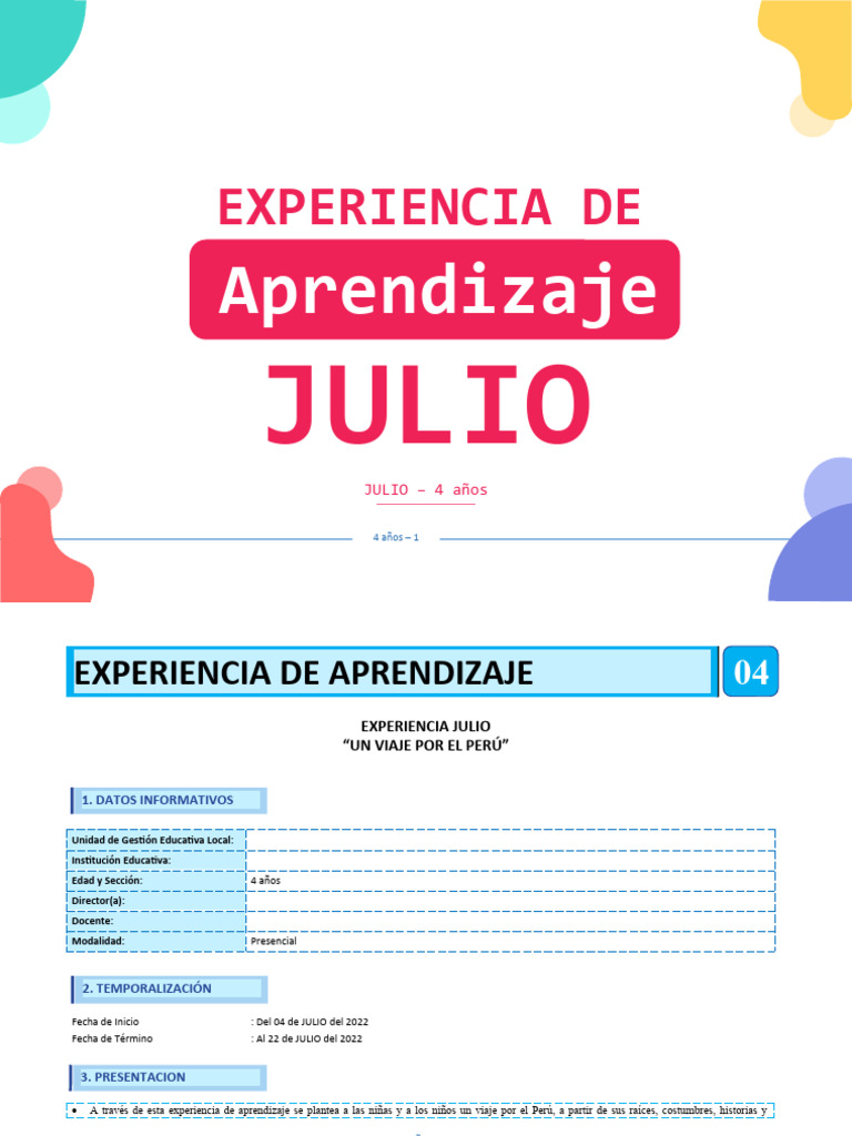 Julio Experiencia De Aprendizaje 2024 Pdf Perú Información