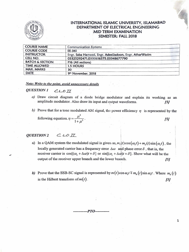5th Semester Past Papers (Mid Term) | PDF | Modulation | Telecommunications