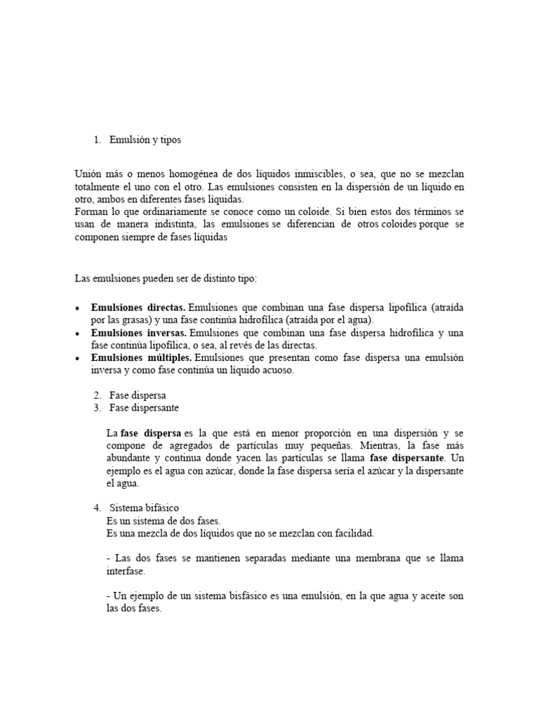 Tipos y Composición de Emulsiones | PDF | Fase (materia) | Emulsión