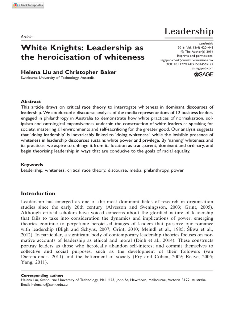 Liu Baker 2014 White Knights Leadership As The Heroicisation of Whiteness | PDF | Whiteness ...