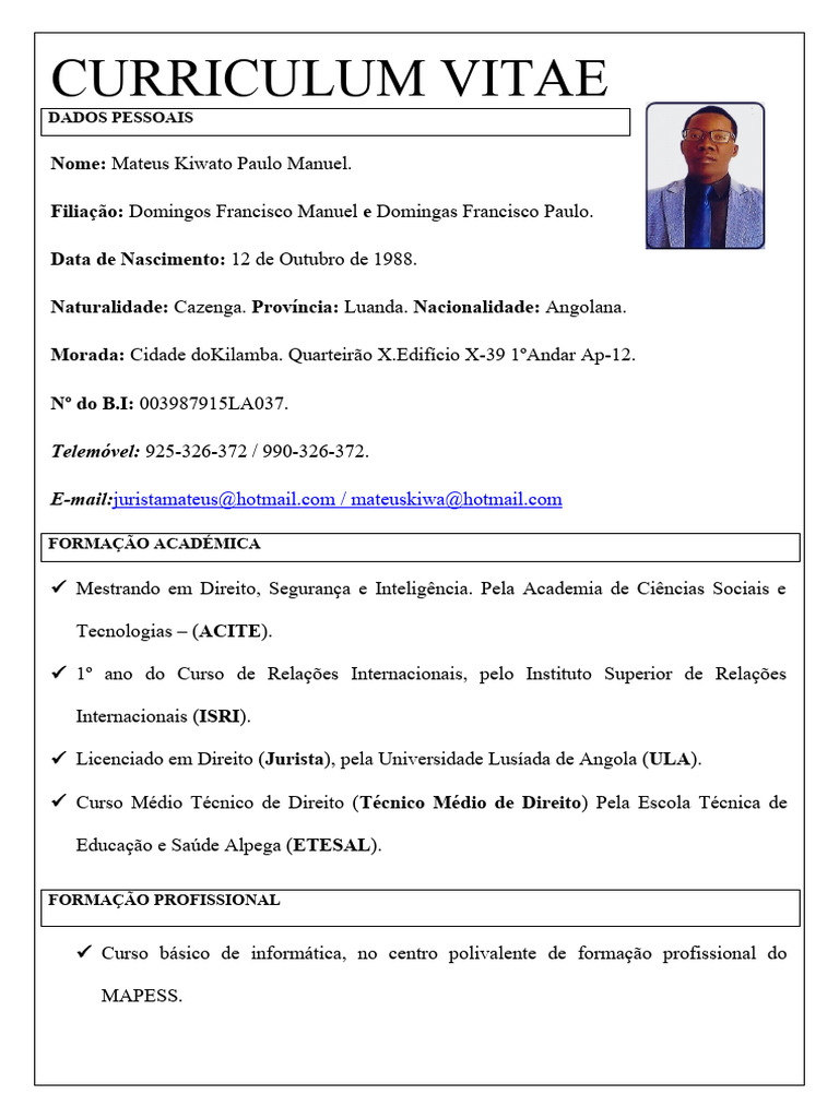 CURRICULUM VITAE Mateus Manuel | Download grátis PDF | Angola | Desenvolvimento profissional
