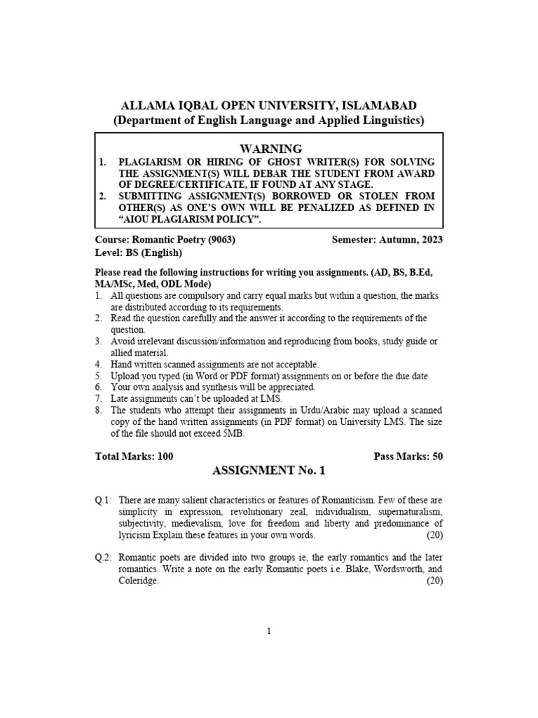 Allama Iqbal Open University, Islamabad (Department of English Language and Applied Linguistics ...