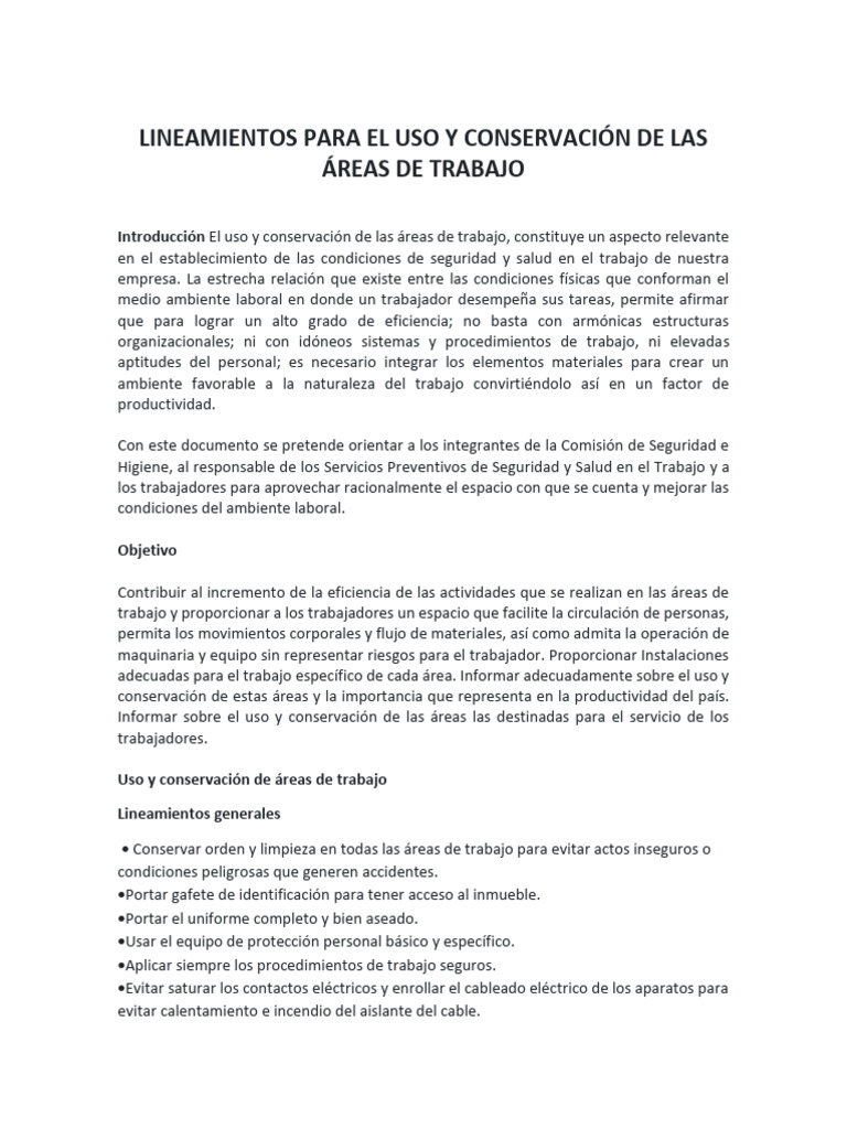 Lineamientos para El Uso y Conservación de Las Áreas de Trabajo ... Lineamientos para El Uso y Conservación de Las Áreas de Trabajo ...