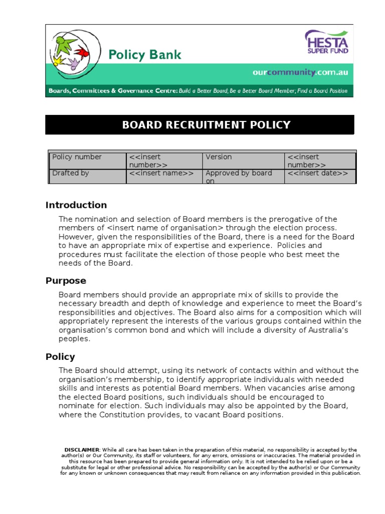 Board Recruitment Policy | PDF | Board Of Directors | Recruitment