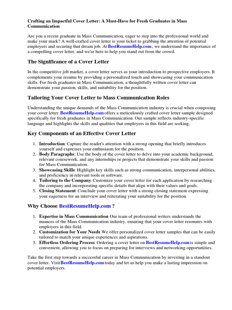 Cover Letter Sample for Fresh Graduate Mass Communication | PDF ...