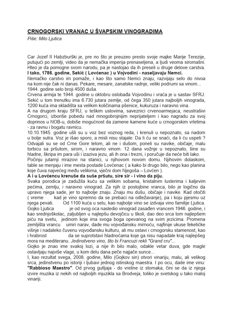 Crnogorski Vranac U Vinogradima Germana | PDF