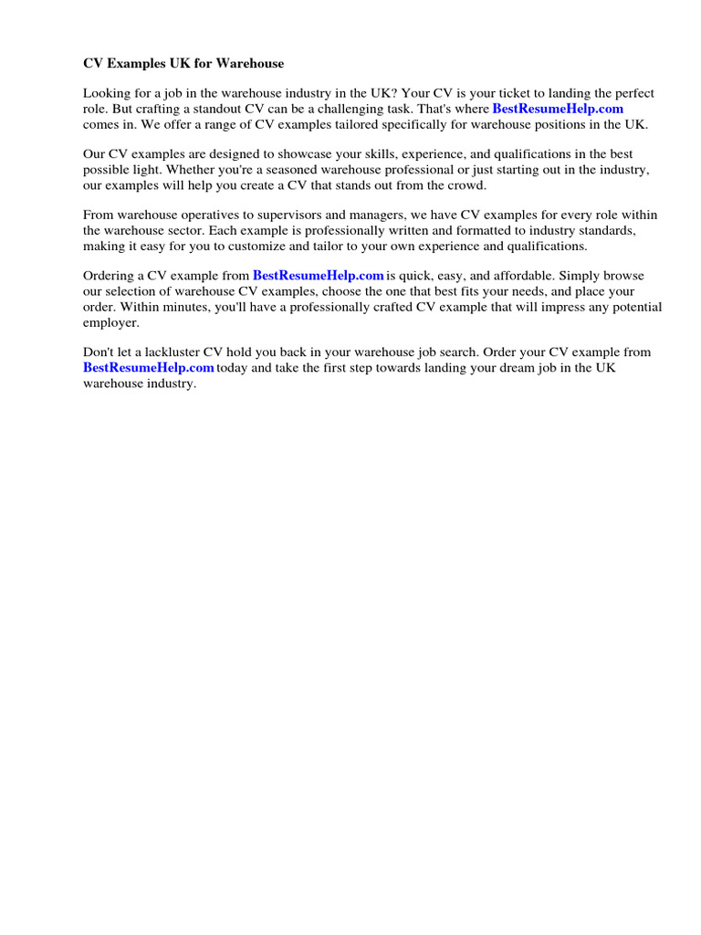 Cv Examples Uk for Warehouse Operative | PDF | Warehouse | Pallet