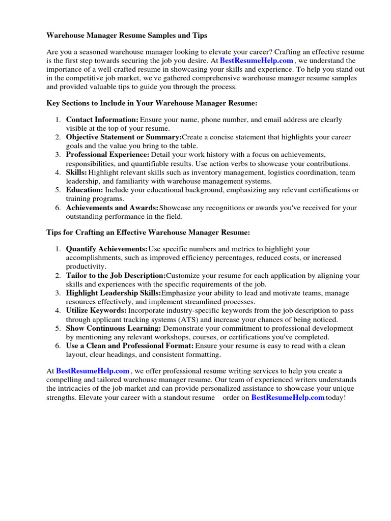 Warehouse Manager Resume Sample | PDF | Résumé | Warehouse