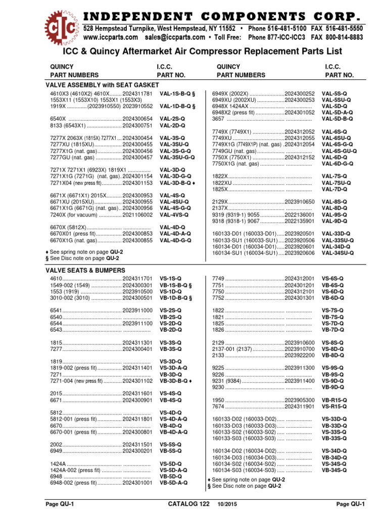 Quincy Aftermarket Air Compressor Parts List | PDF | Piston | Engines