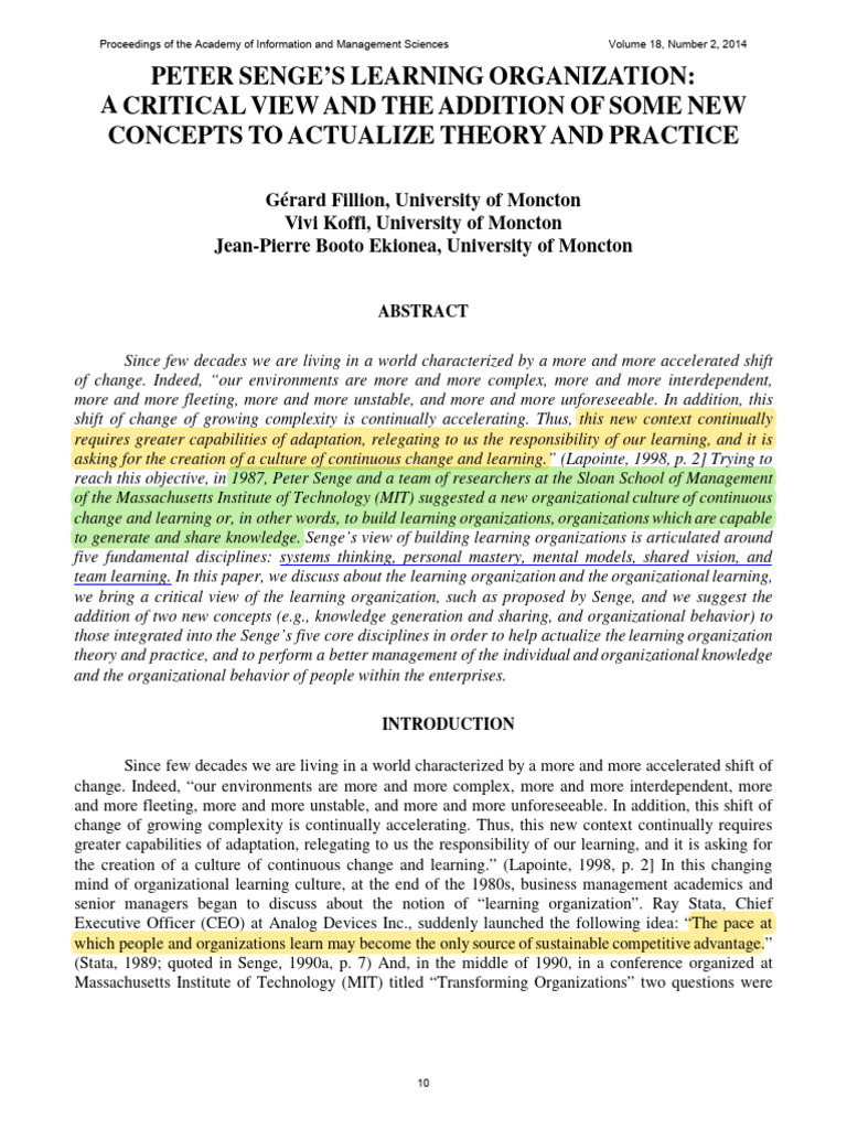 (Fillion Et Al., 2014) Peter Senge's Learning Organizations - A ...