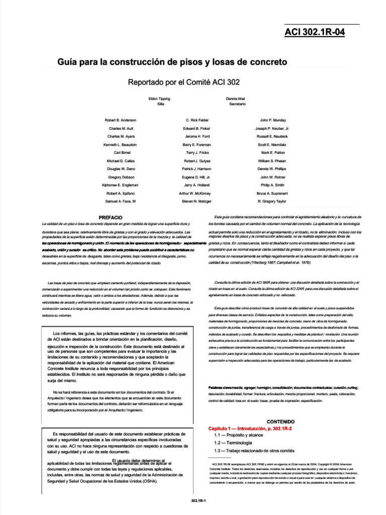 ACI 302.1 R-04 - Guia para Construccion de Pisos y Losas de Concreto | PDF