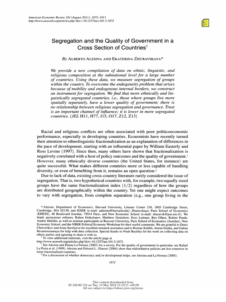 Segregation and The Quality of Government in A Cross Section of Countries (A J W Ekaterina ...
