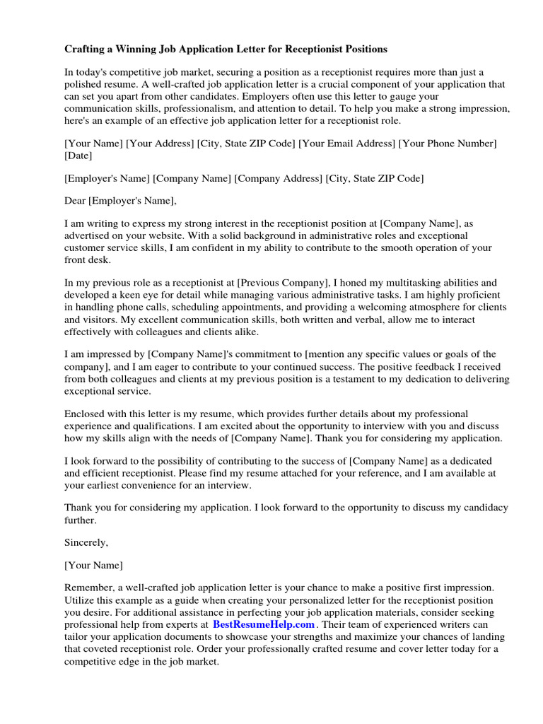 Example of Job Application Letter For Receptionist | Download Free PDF ...