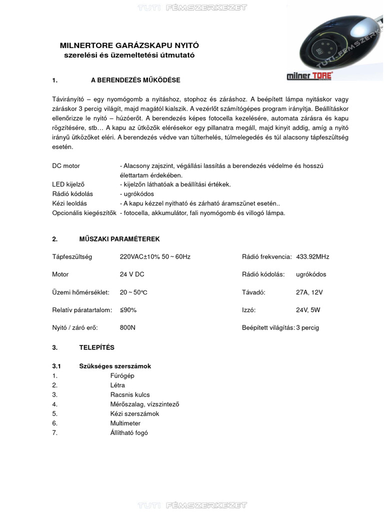 Milnertore Garazskapu Motor Leiras | PDF