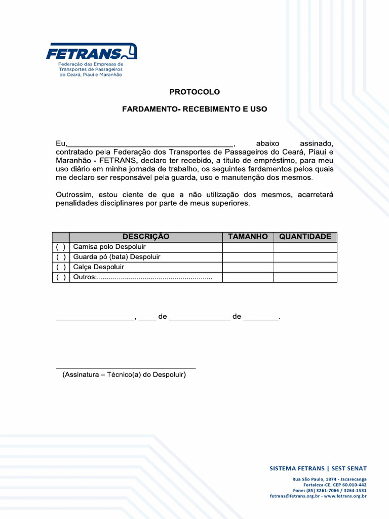 Protocolo de Entrega de Fardamento - Montagem | PDF