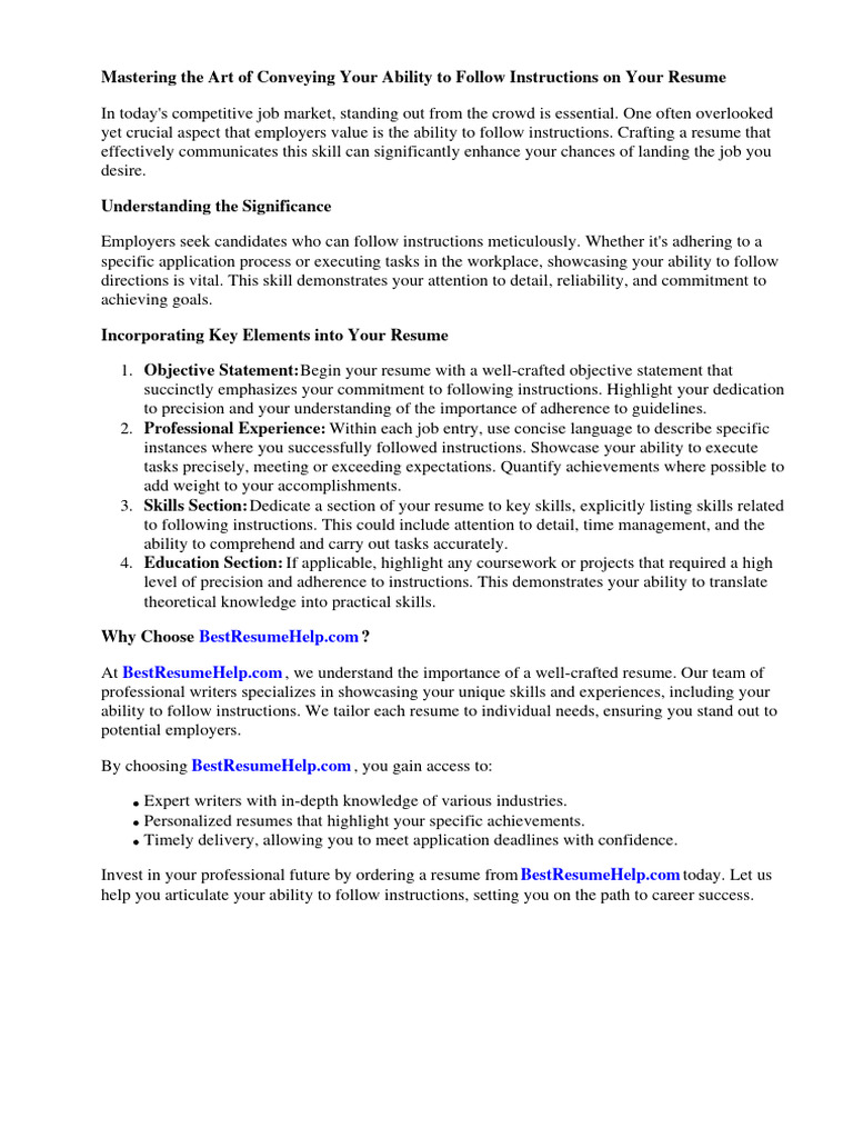 Ability To Follow Instructions Resume | Download Free PDF | Clinical ...