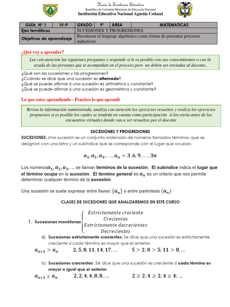 Guia 1 Matematicas Cuarto Periodo | PDF | Secuencia | Matemáticas