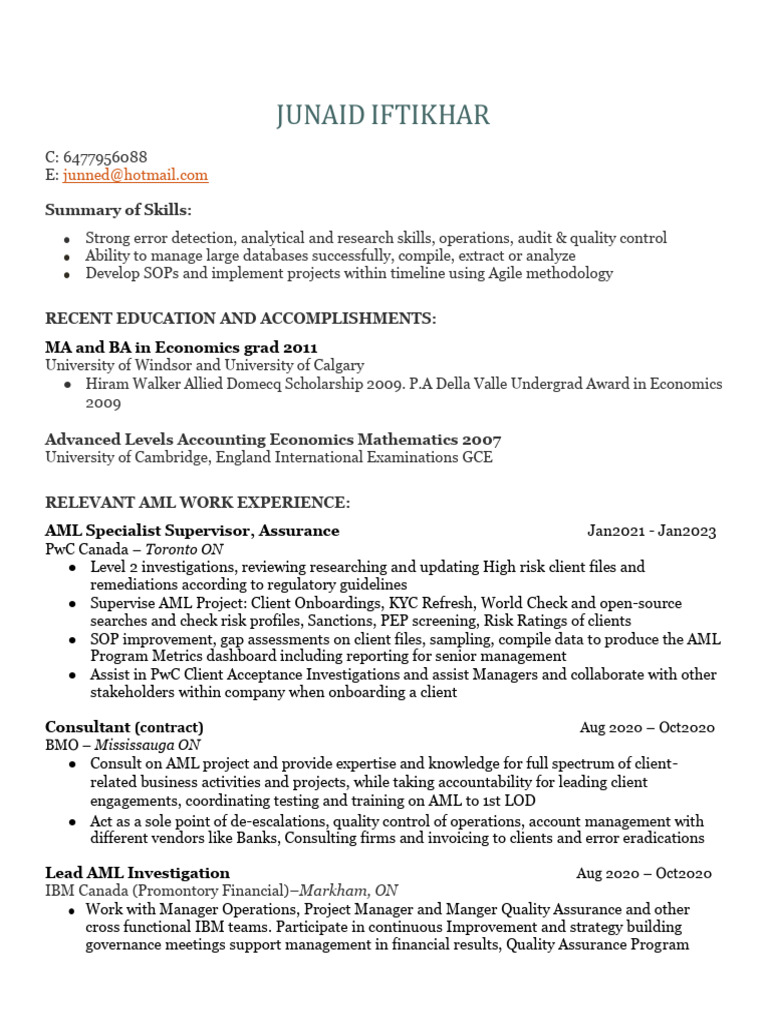Resume_Junaid-IftikharAML | PDF | Business