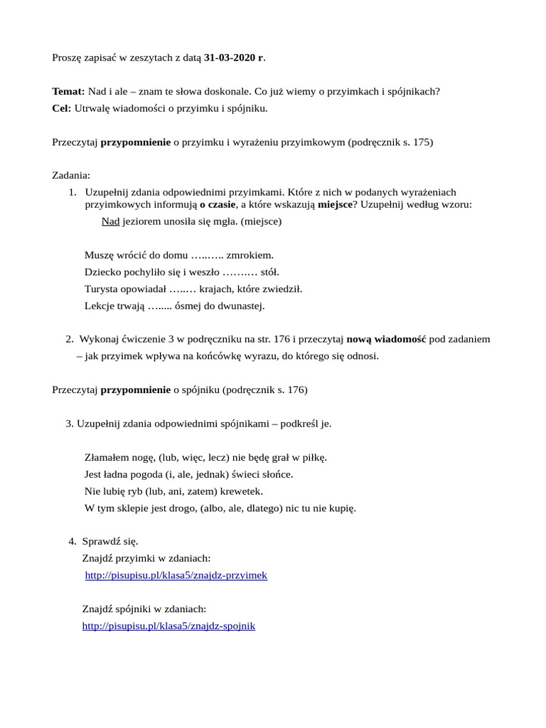 Klasa 5 - Przyimek I Spã Jnik 31-03 2 | PDF